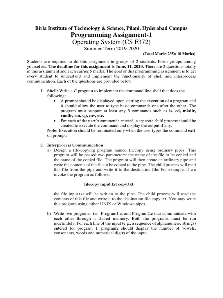 Programming Assignment-1: Operating System (CS F372) | PDF | Computer File | Command Line Interface