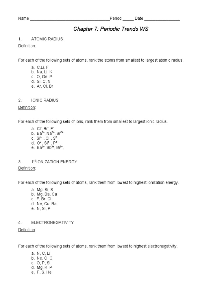 Chapter 7: Periodic Trends WS | PDF