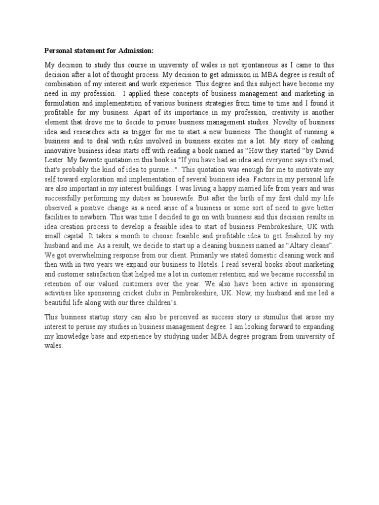 MBA Admission Personal Statement | PDF | Strategic Management ...