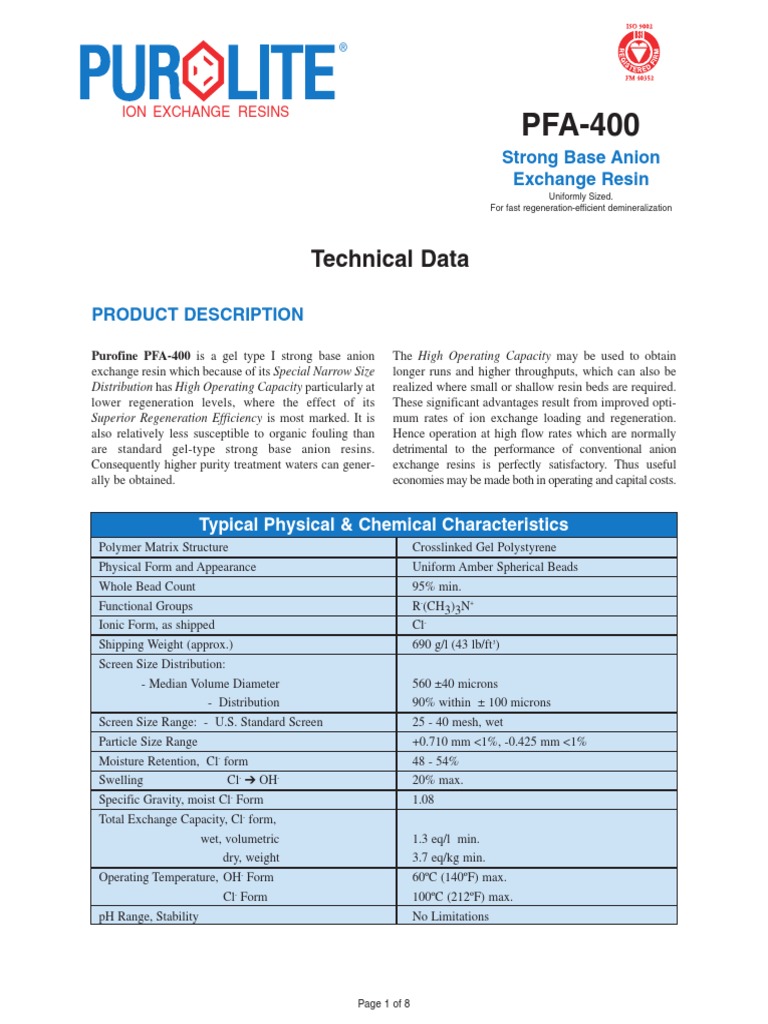Purofine PFA400 Engineering PDF | PDF | Gallon | Ion Exchange