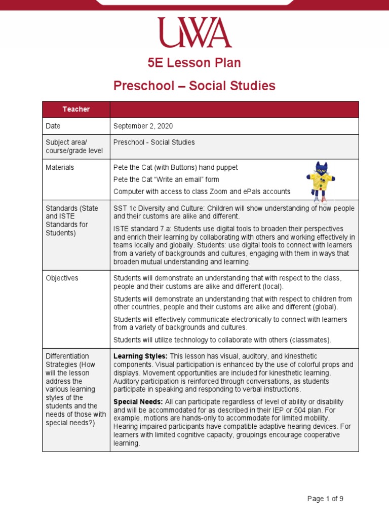 Preschool Social Studies 5E Lesson Plan | PDF | Lesson Plan | Learning