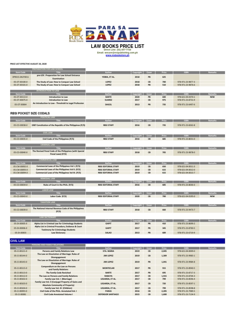 Rex Bookstore Law Books Price List | PDF | Damages | Constitution