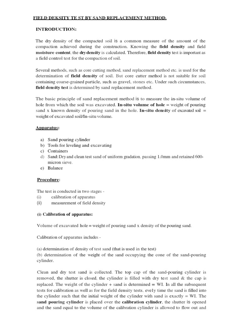 Field Density Test PDF | PDF | Density | Soil