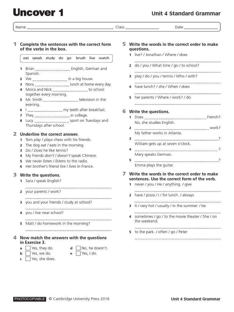 Unit 4 Standard Grammar: Eat Speak Study Do Go Brush Live Watch | PDF ...