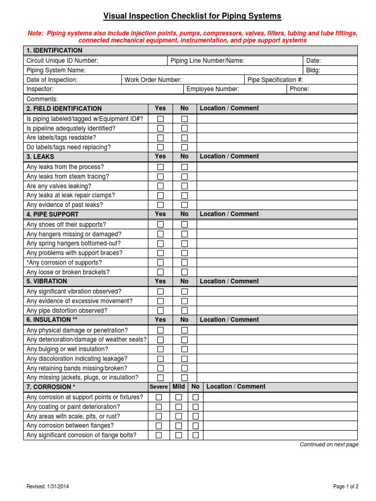 Piping Systems Visual Inspection Checklist | PDF | Leak | Pipe (Fluid ...