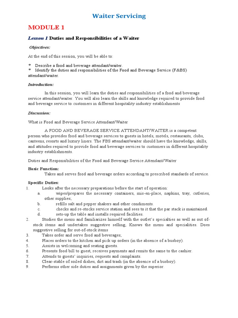 Waiter Servicing: Duties and Responsibilities of A Waiter | PDF | Menu ...