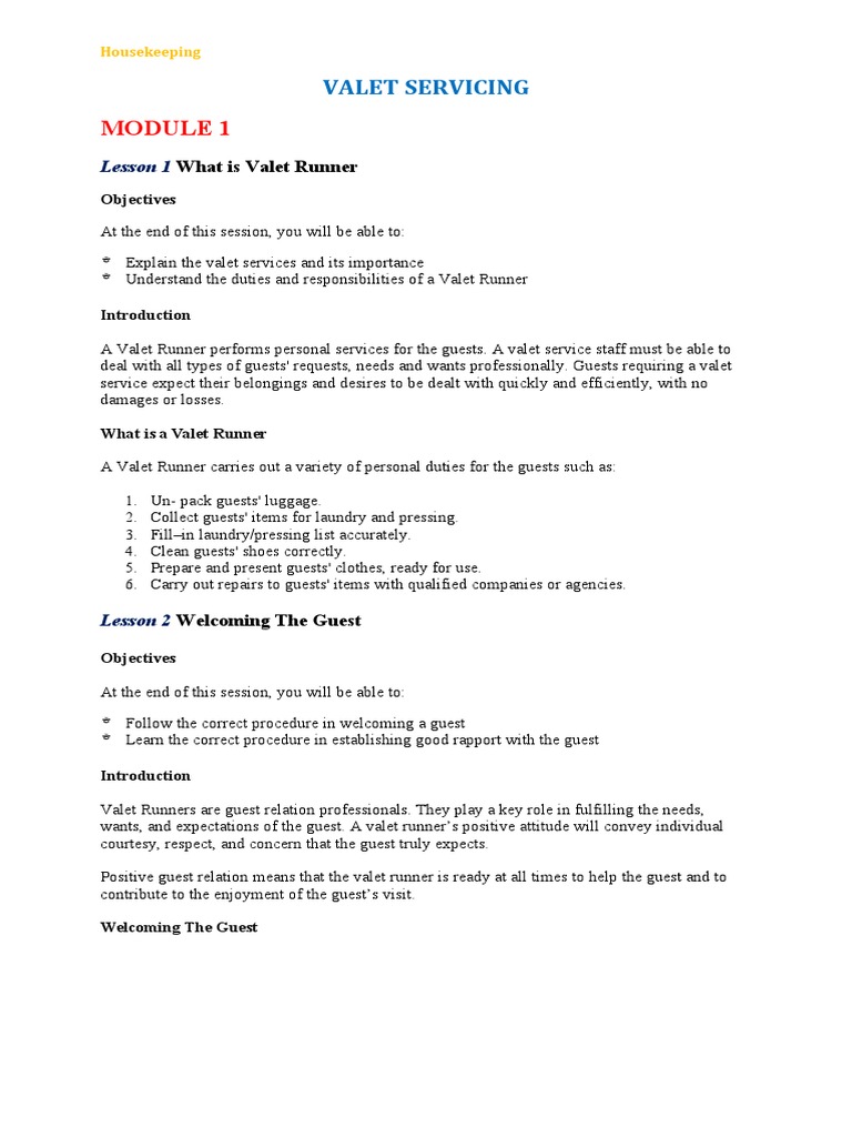 Valet Servicing: What Is Valet Runner | PDF | Shoe | Laundry