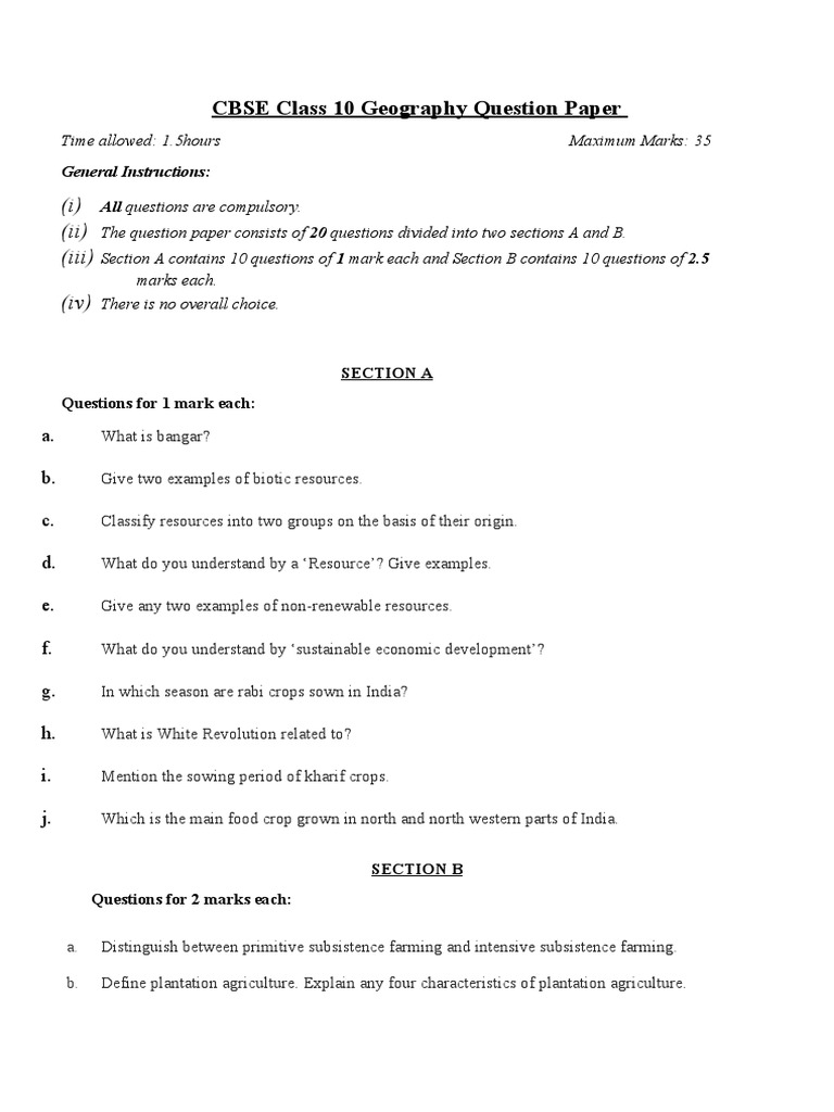 CBSE Class 10 Geography Question Paper | PDF