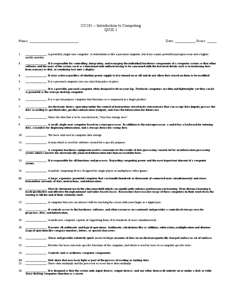 Name: - Date: - Score | PDF | Personal Computers | Computer Data Storage