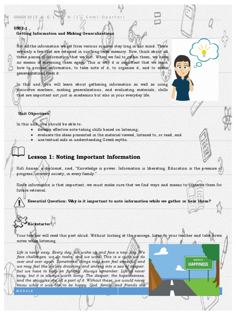 Lesson 1: Noting Important Information: Grade 10 - E N G L I S H (1 ...
