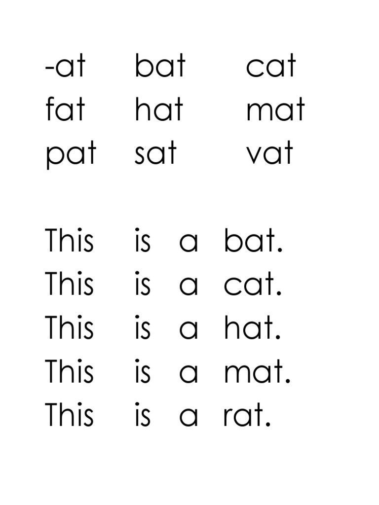 At Bat Cat Fat Hat Mat Pat Sat Vat This Is A Bat. This Is A Cat. This ...