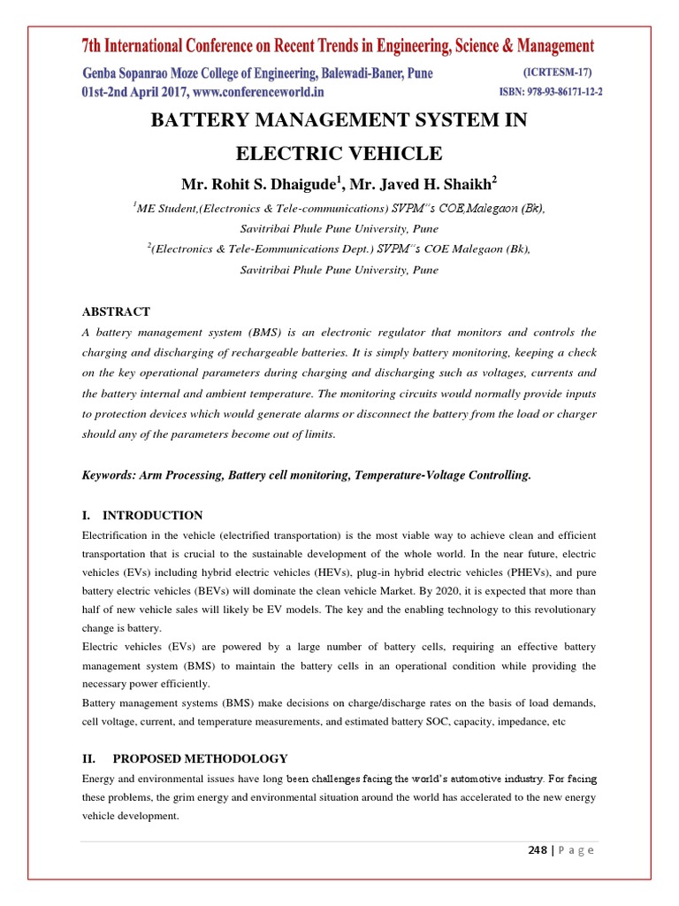 Battery Management System in Electric Vehicle: Mr. Rohit S. Dhaigude ...