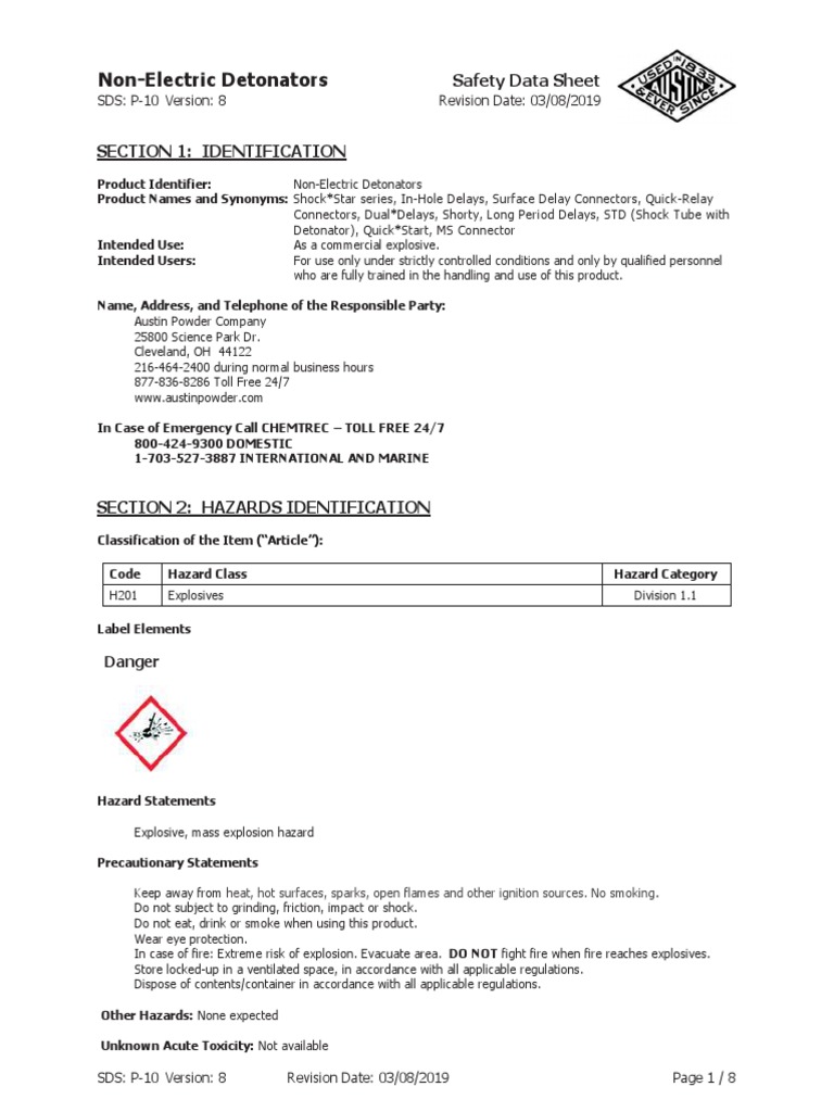 Non-Electric Detonators: Safety Data Sheet | PDF | Personal Protective ...