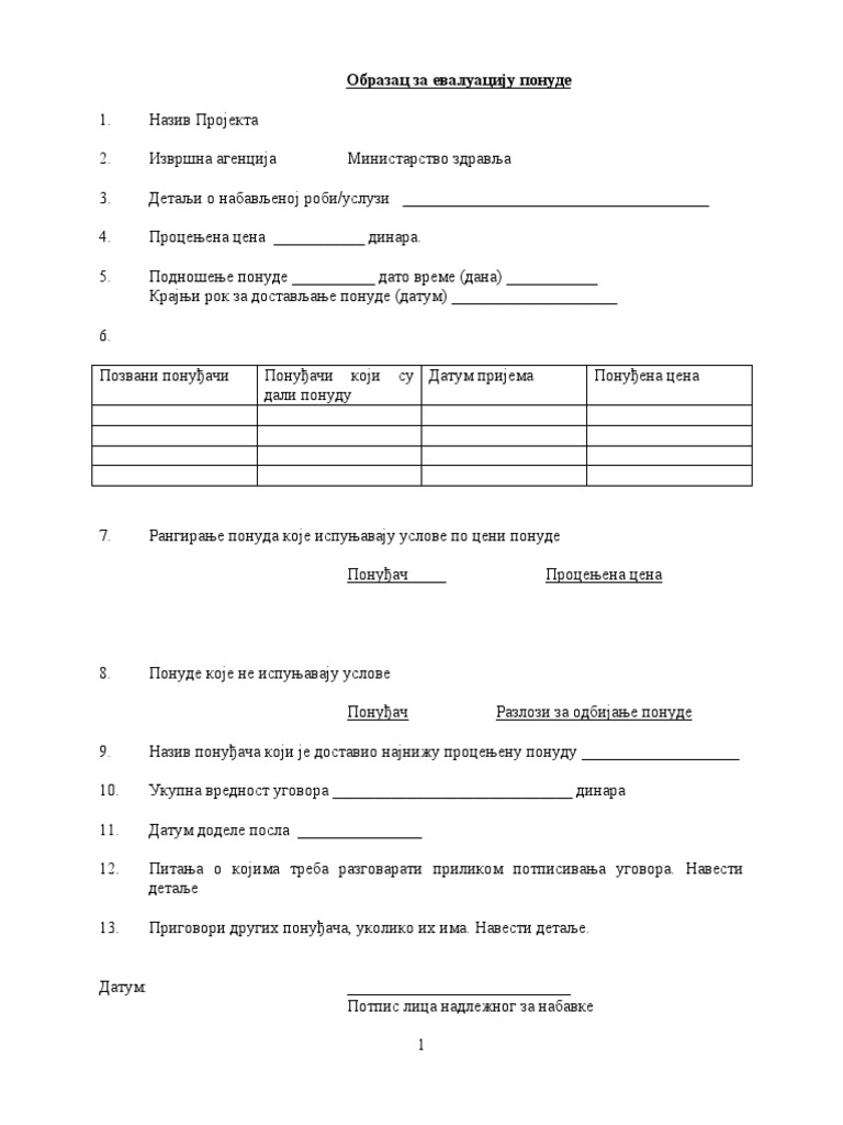 Obrazac Za Evaluaciju Ponude | PDF