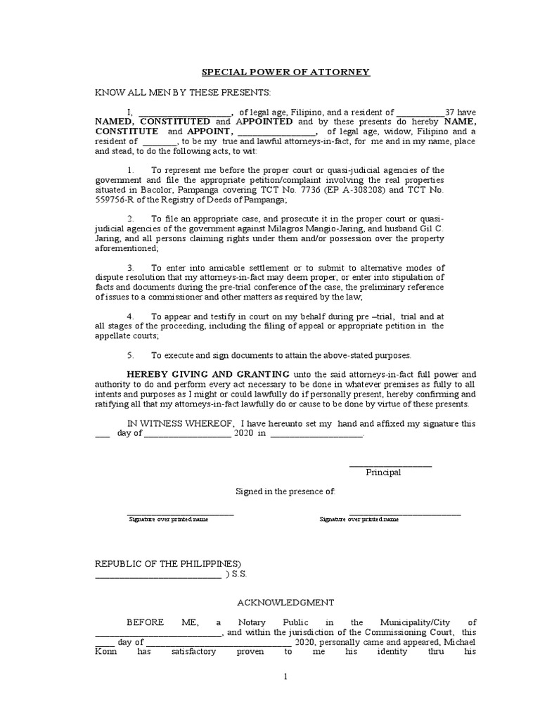 Special Power of Attorney: Signature Over Printed Name Signature Over ...