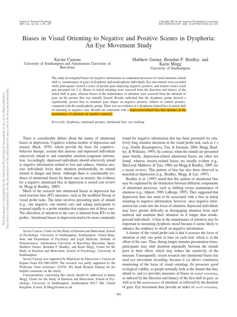 Biases in Visual Orienting To Negative and Positive Scenes in Dysphoria ...