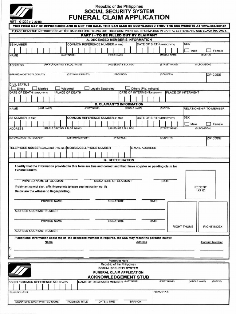 Funeral Claim Application Ret01222 PDF | PDF