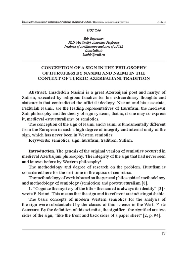 Conception of A Sign in The Philosophy of Hurufism by Nasimi and Naimi ...