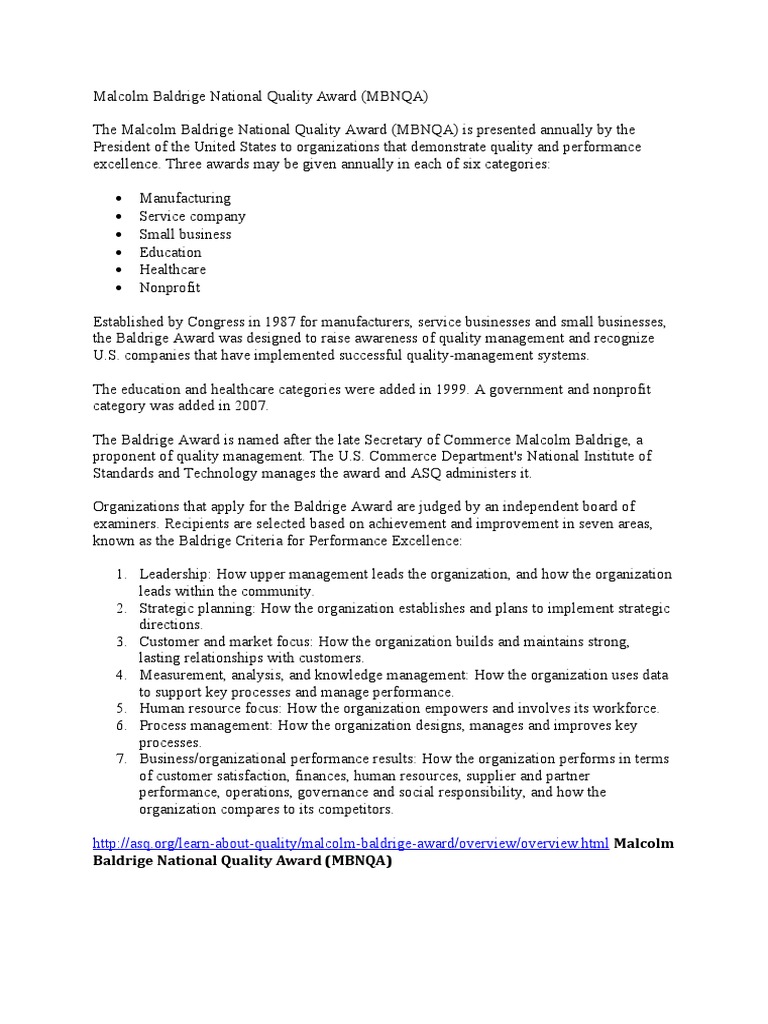 Malcolm Baldrige National Quality Award | PDF | Quality Management ...