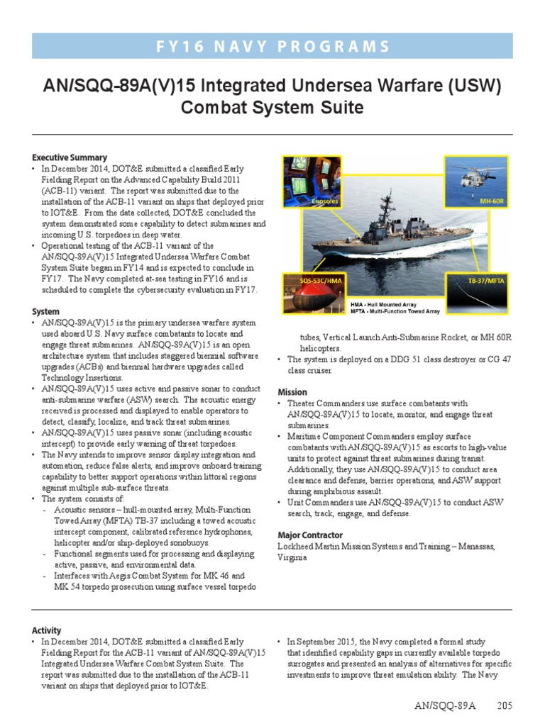 AN/SQQ-89A (V) 15 Integrated Undersea Warfare (USW) Combat System Suite ...