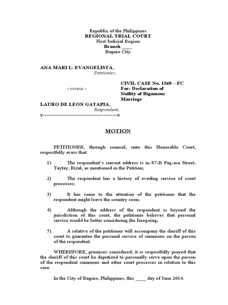 Motion for Personal Service | PDF | Virtue | Judiciaries