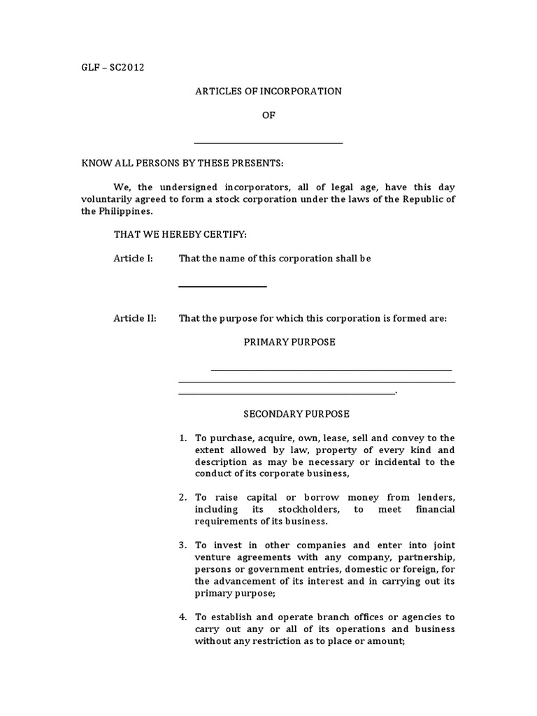Articles of Incorporation (Template) | PDF | Affidavit | Stocks