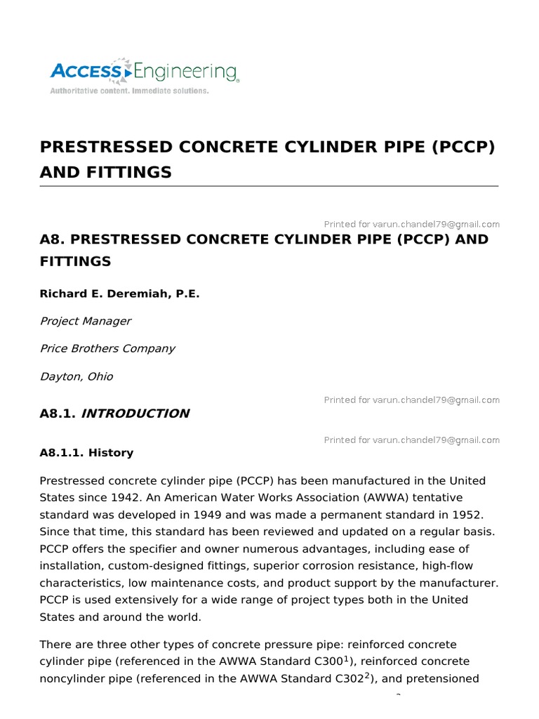 A8. Prestressed Concrete Cylinder Pipe (PCCP) and Fittings | PDF | Pipe ...