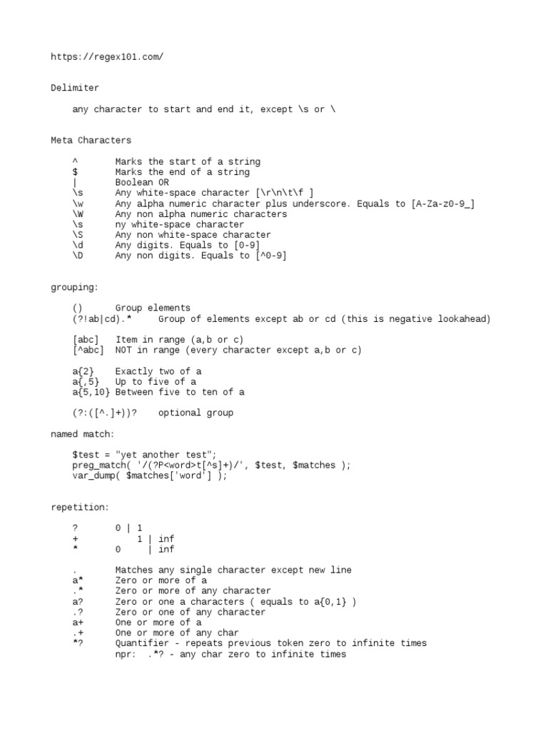 My PHP Regex Cheat Sheet | PDF | Regular Expression | Text