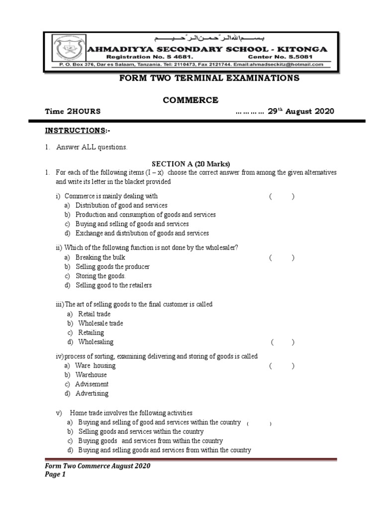 Form Two Terminal Examinations Commerce: Time 2HOURS 29 August 2020 ...