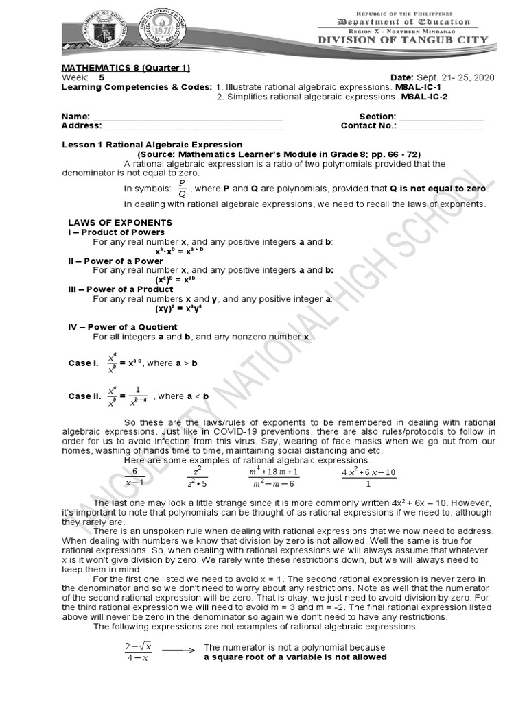 G8 Math Week 5 Updated With Key Answer | PDF | Fraction (Mathematics ...