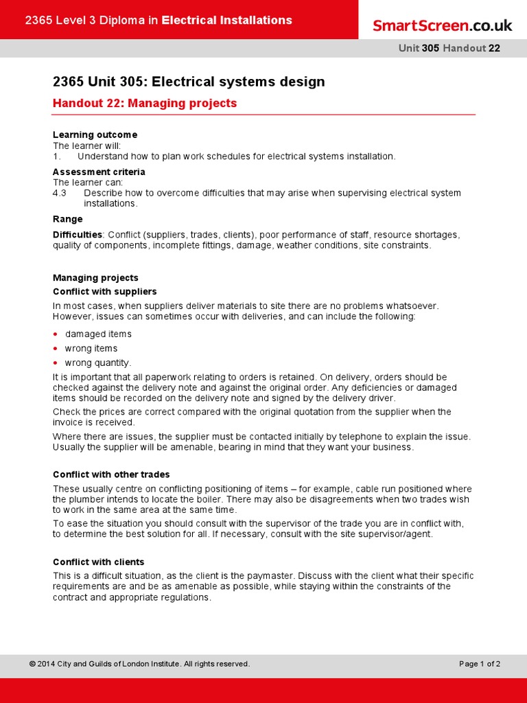 2365 Unit 305: Electrical Systems Design: Handout 22: Managing Projects ...