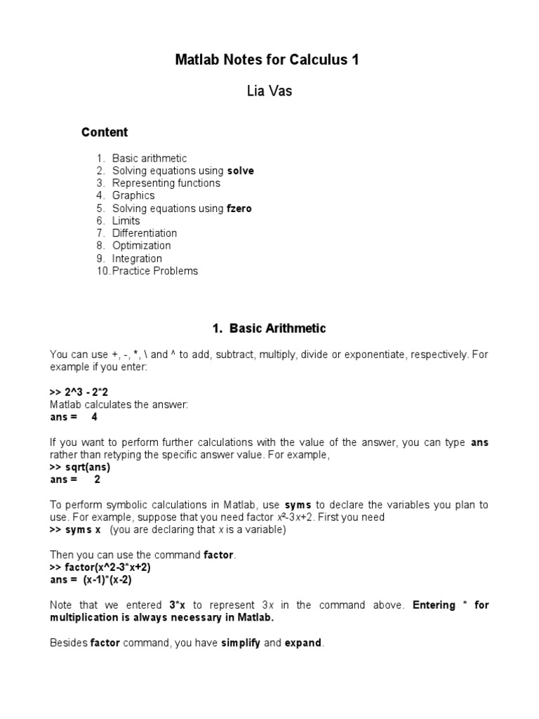 Matlab Notes For Calculus 1: Lia Vas | PDF | Maxima And Minima | Derivative