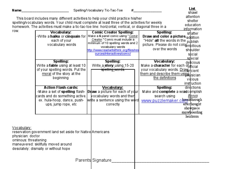 Spelling/Vocabulary Tic-Tac-Toe Activities | PDF | Human Communication