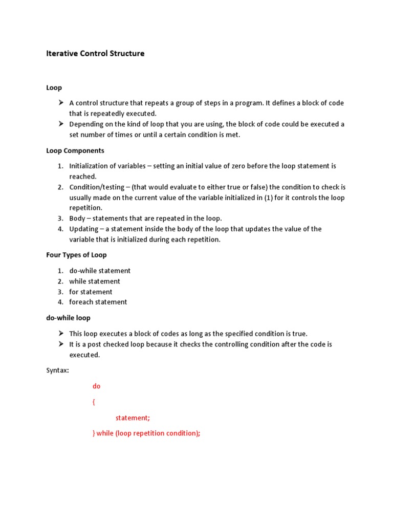 Iterative Control Structure: Do (Statement ) While (Loop Repetition Condition) | PDF | Control ...