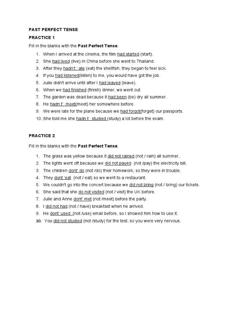 Past Perfect Tense - Exercise | PDF