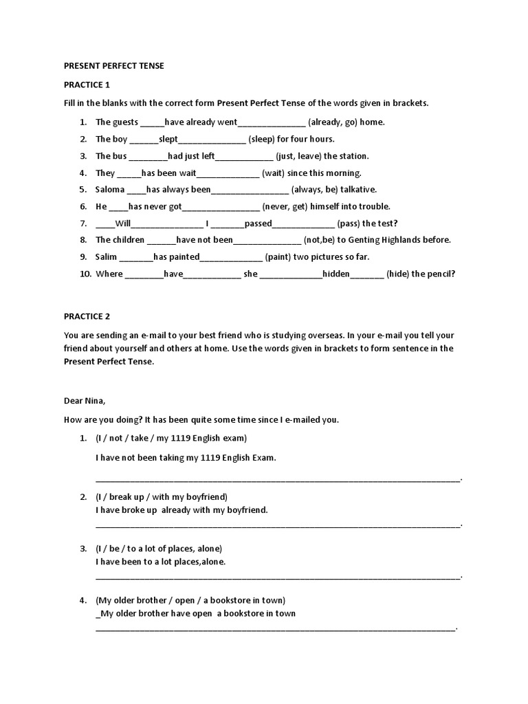 Present Perfect Tense Practice 1 | PDF