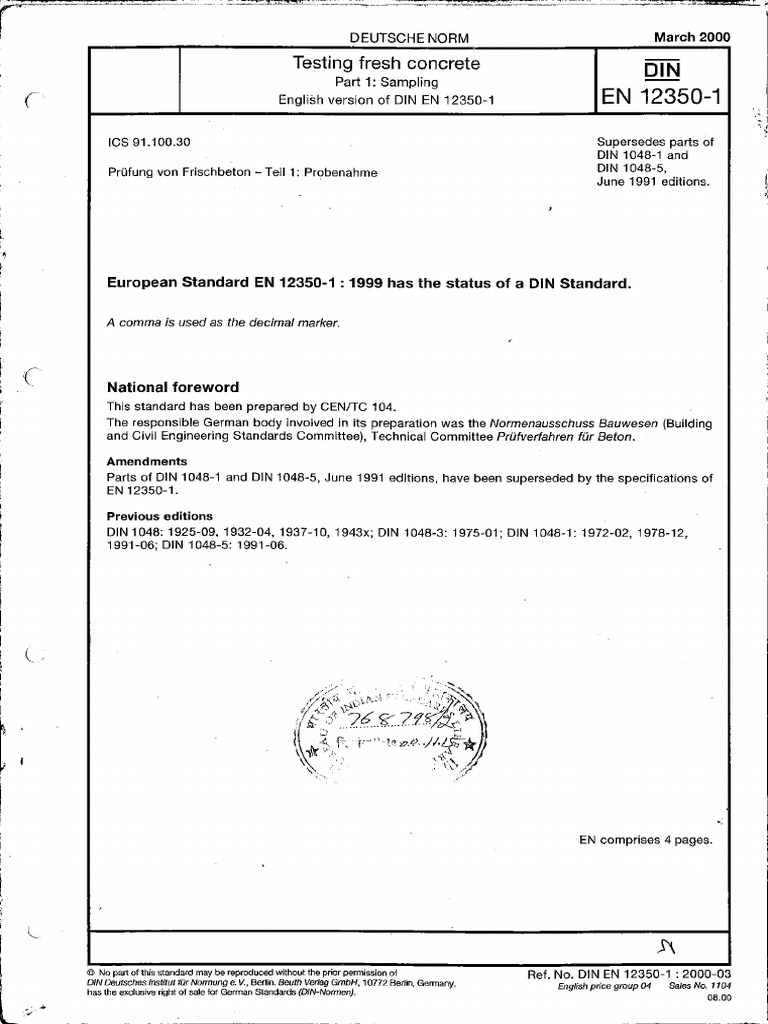DIN EN 12350-1 2000 Testing Fresh Concrete Part 1 Sampling | PDF