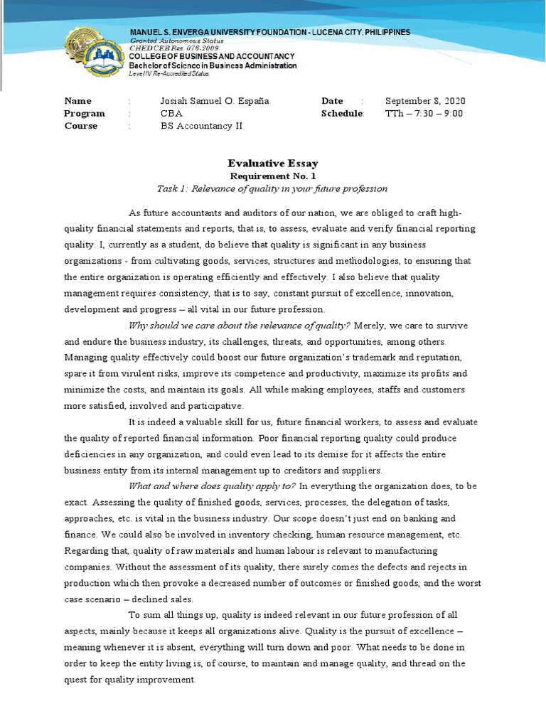 Evaluative Essay: Name Date: Program Schedule: Course | PDF | Audit | Business Economics
