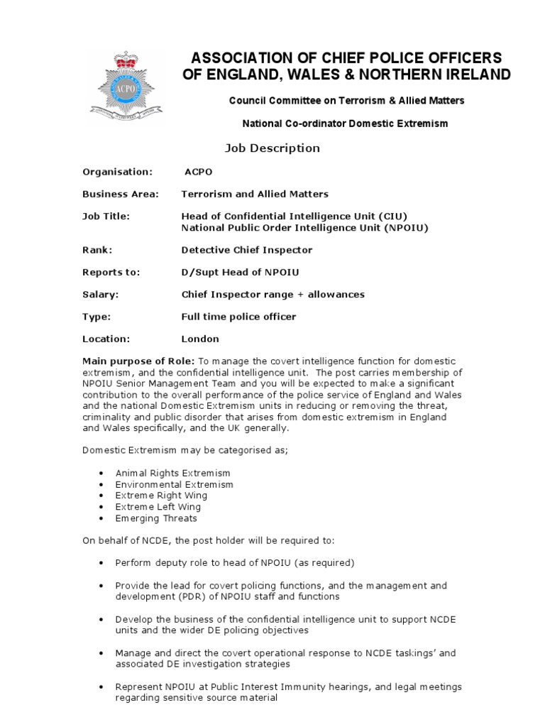Head of Confidential Intelligence Unit (CIU), ACPO Job description ...