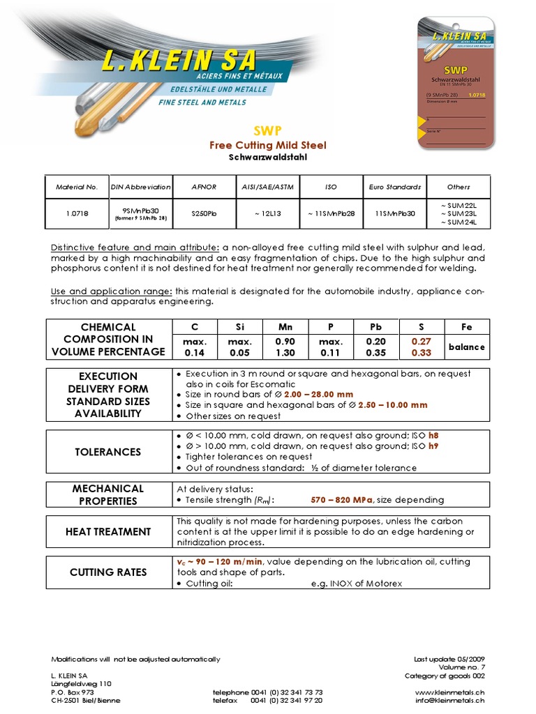 Free Cutting Mild Steel: Chemical Composition in Volume Percentage | PDF