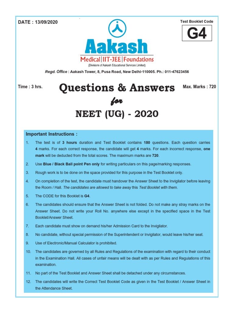 Ques&Ans NEET2020 (Code-G4) PDF | PDF | Biochemistry | Chemistry