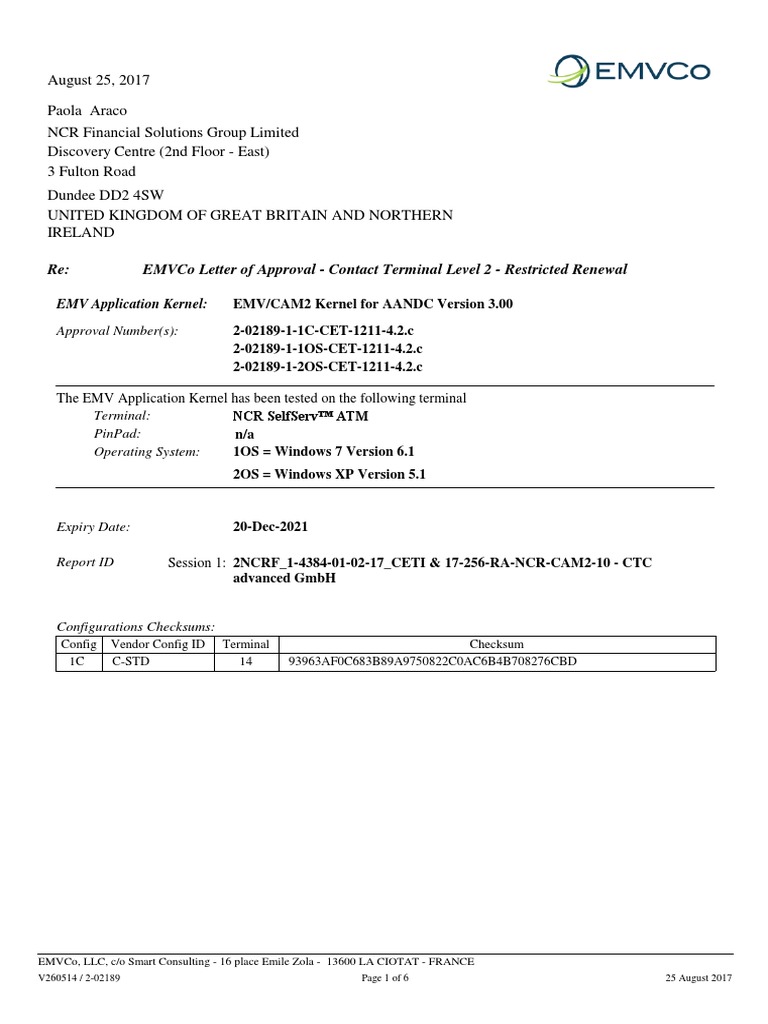 EMV Level 2 Letter of Approval (EMV Certificate) For EMV - CAM2 Exits Ver 3.00 For AANDC On XP ...