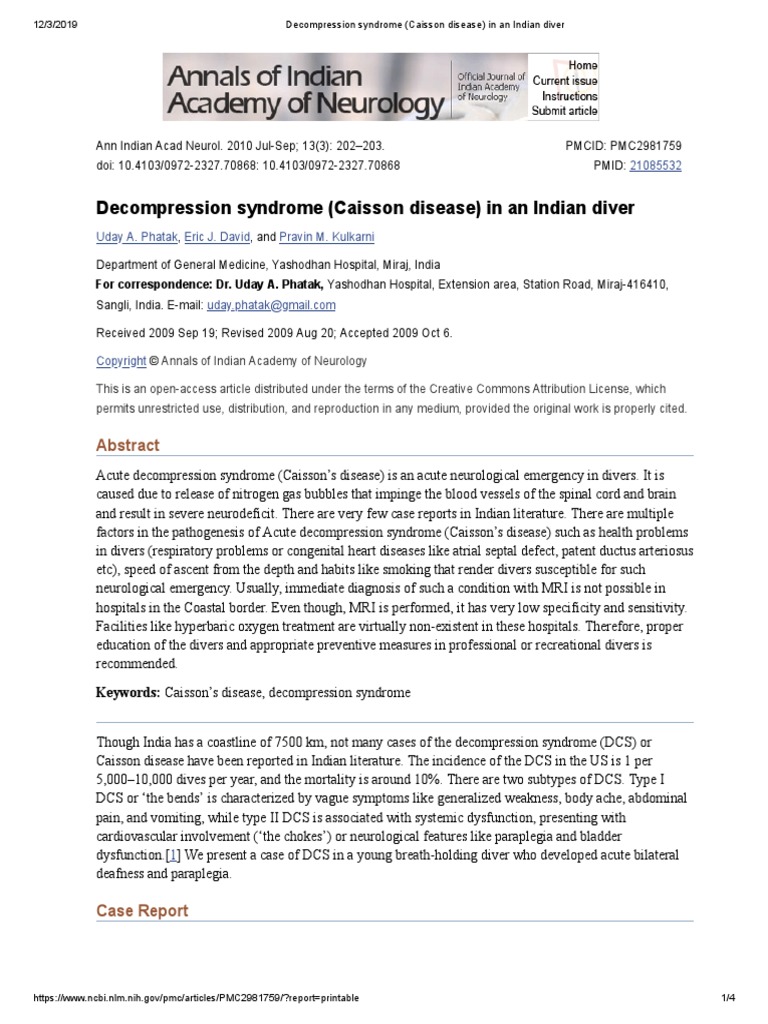 2010 - Decompression Syndrome (Caisson Disease) in An Indian Diver ...