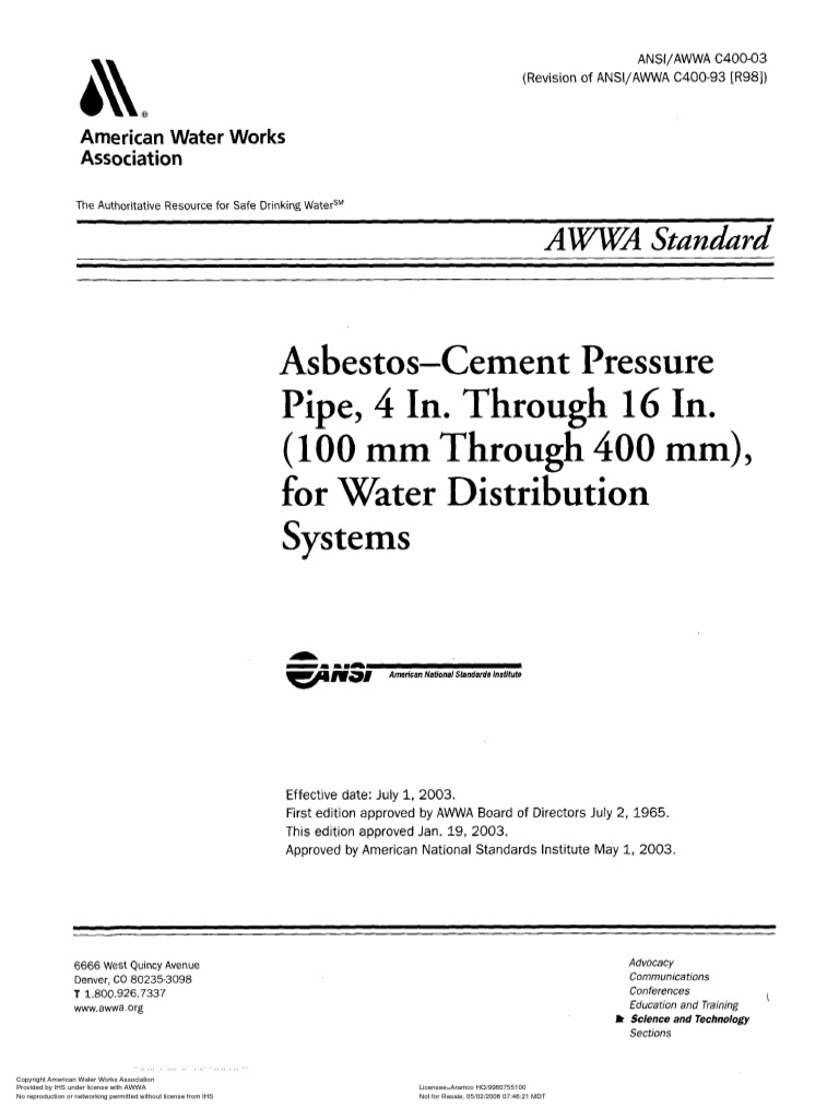 AWWA C400 (2003) AsbestosCementPressPipe4-16in | PDF | Pipe (Fluid ...
