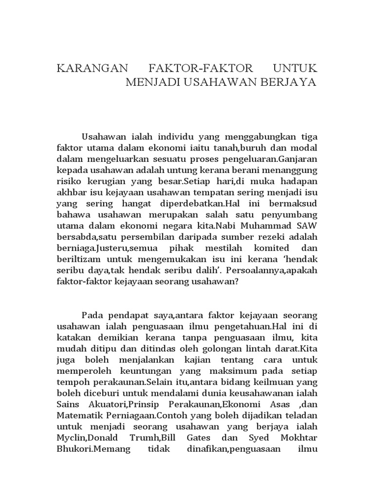 Karangan Faktor-Faktor Untuk Menjadi Usahawan Berjaya | PDF