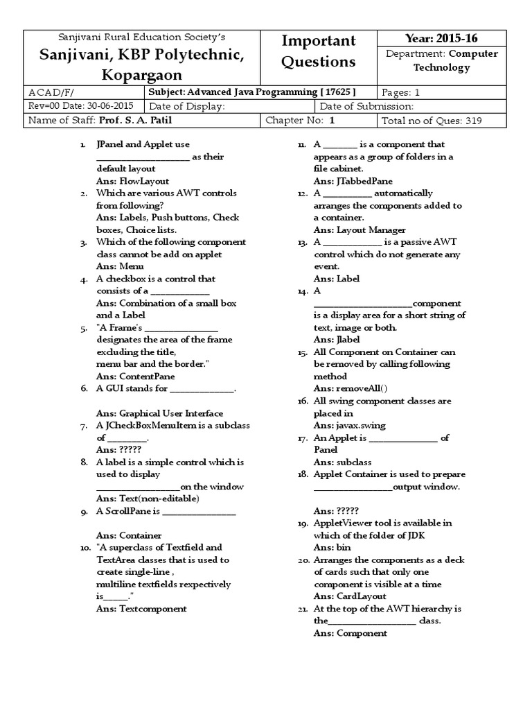 Sanjivani Rural Education Society's Advanced Java Programming Questions | PDF | Method (Computer ...