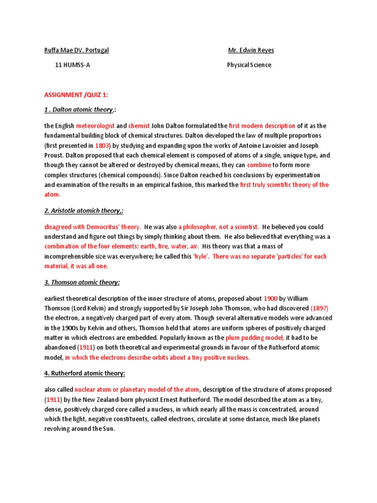 Assignment /quiz 1:: 1 - Dalton Atomic Theory | PDF | Atoms | Atomic ...