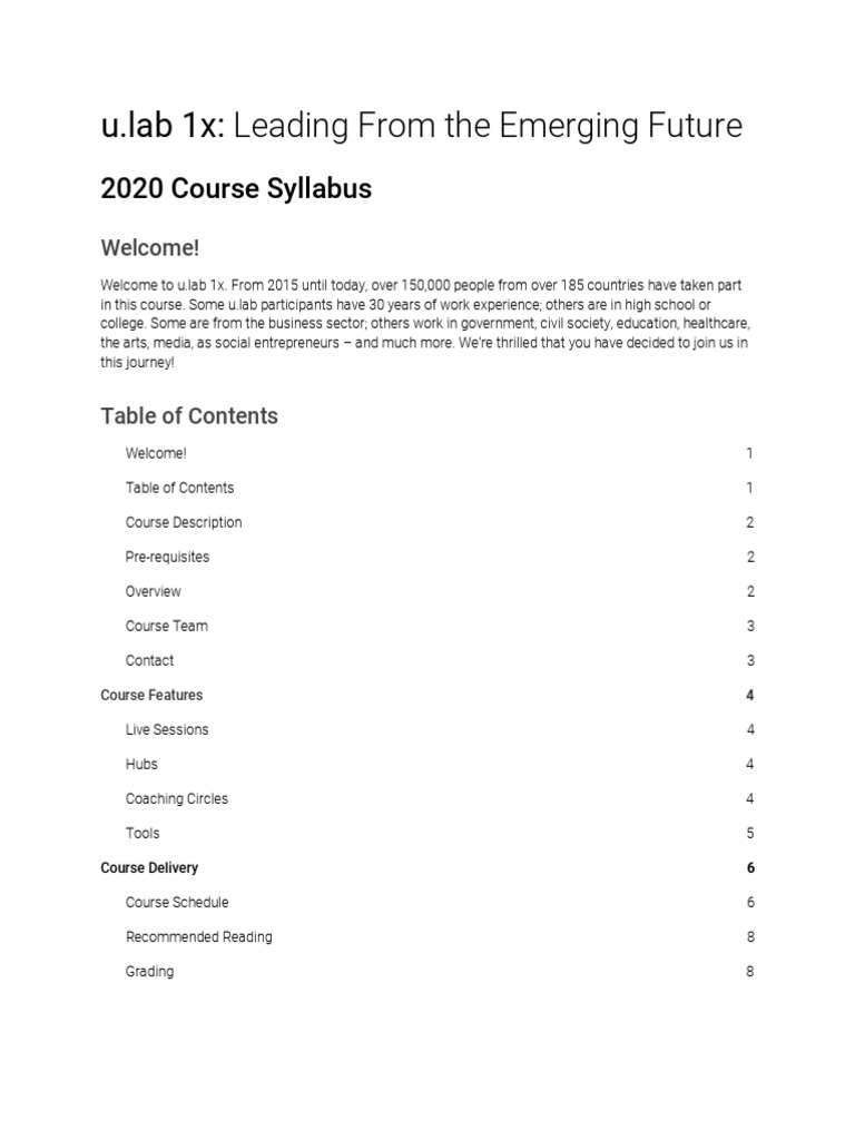 U.lab 1x: Leading From The Emerging Future: 2020 Course Syllabus | PDF | Massive Open Online ...
