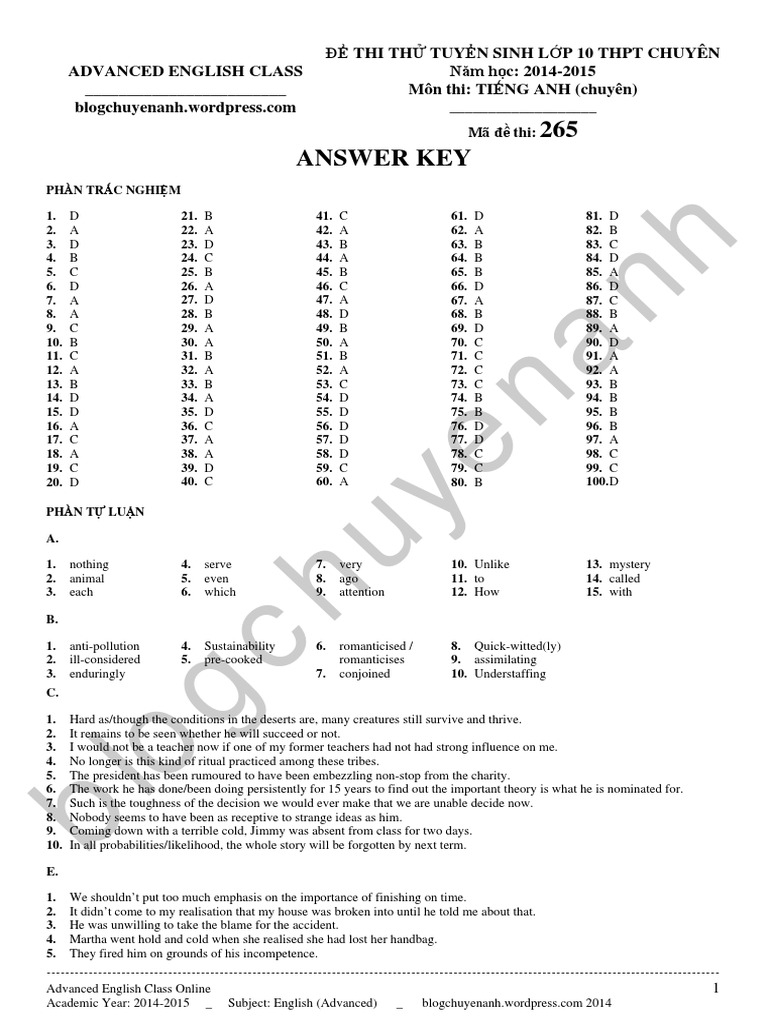 Blogchuyenanh: 265 Answer Key | PDF