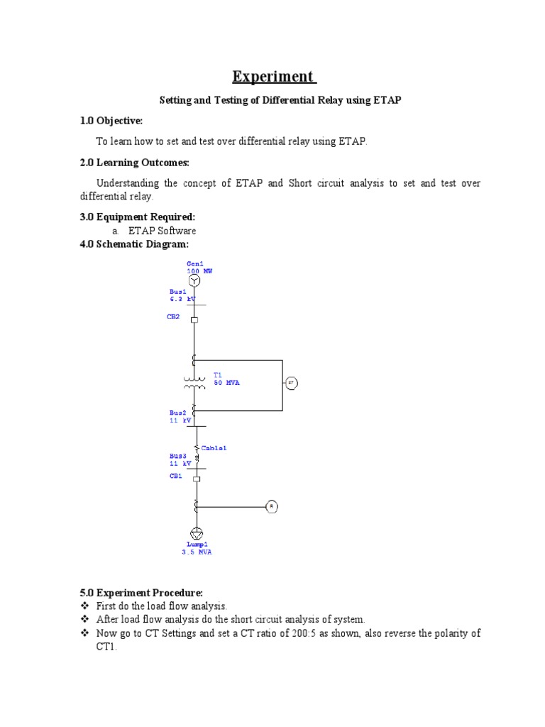 Experiment: Setting and Testing of Differential Relay Using ETAP 1.0 ...